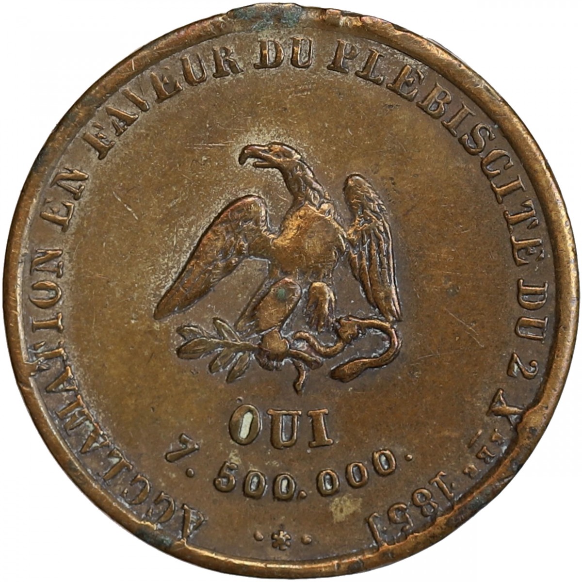 Médaille en Laiton Louis-Napoléon Bonaparte Acclamation du Plébiscite 1851
